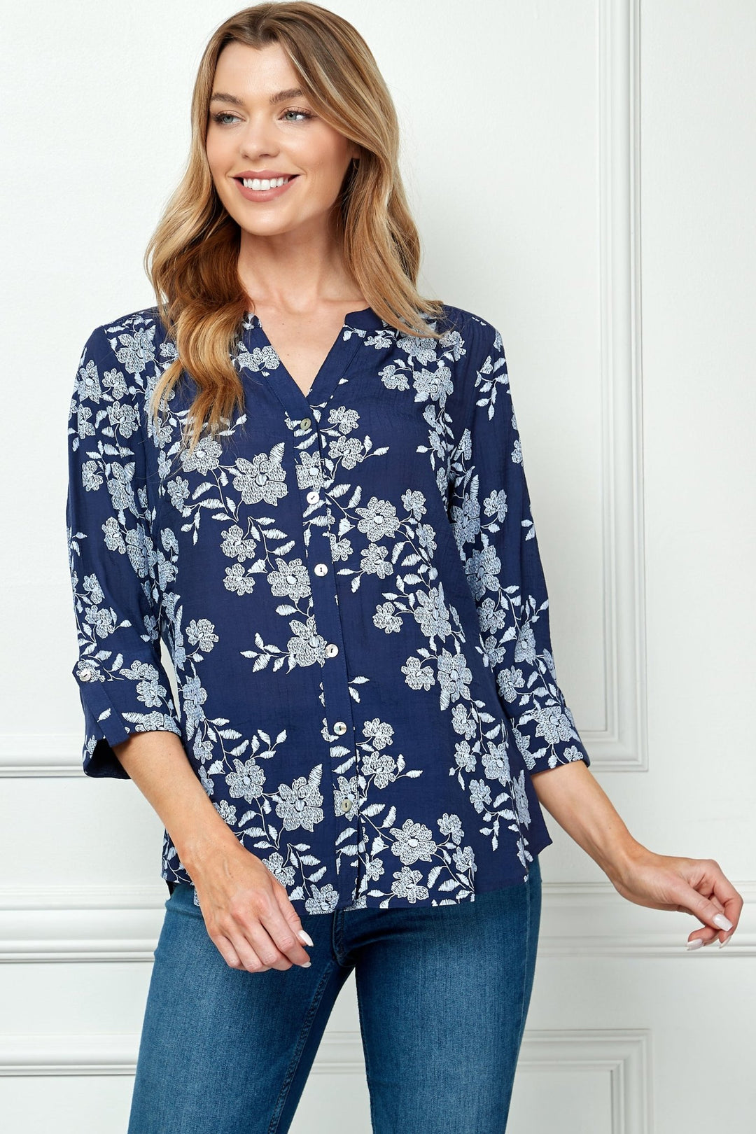 3/4 Button Tab Sleeve Button Front Mandarin Collar Shirt – Dressbarn