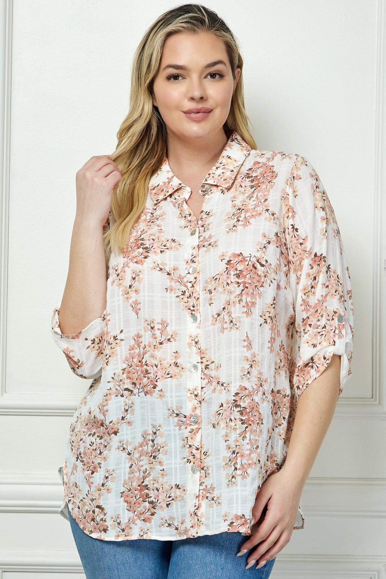 3/4 Button Tab Sleeve Johnny Collar Button Front Shirt - Plus – Dressbarn