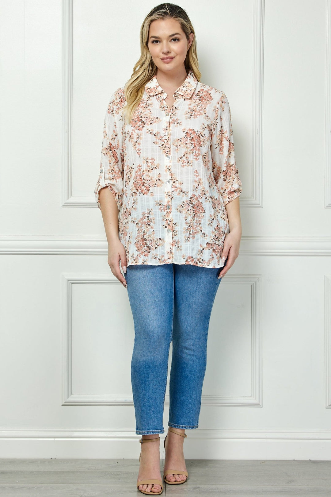 3/4 Button Tab Sleeve Johnny Collar Button Front Shirt - Plus – Dressbarn