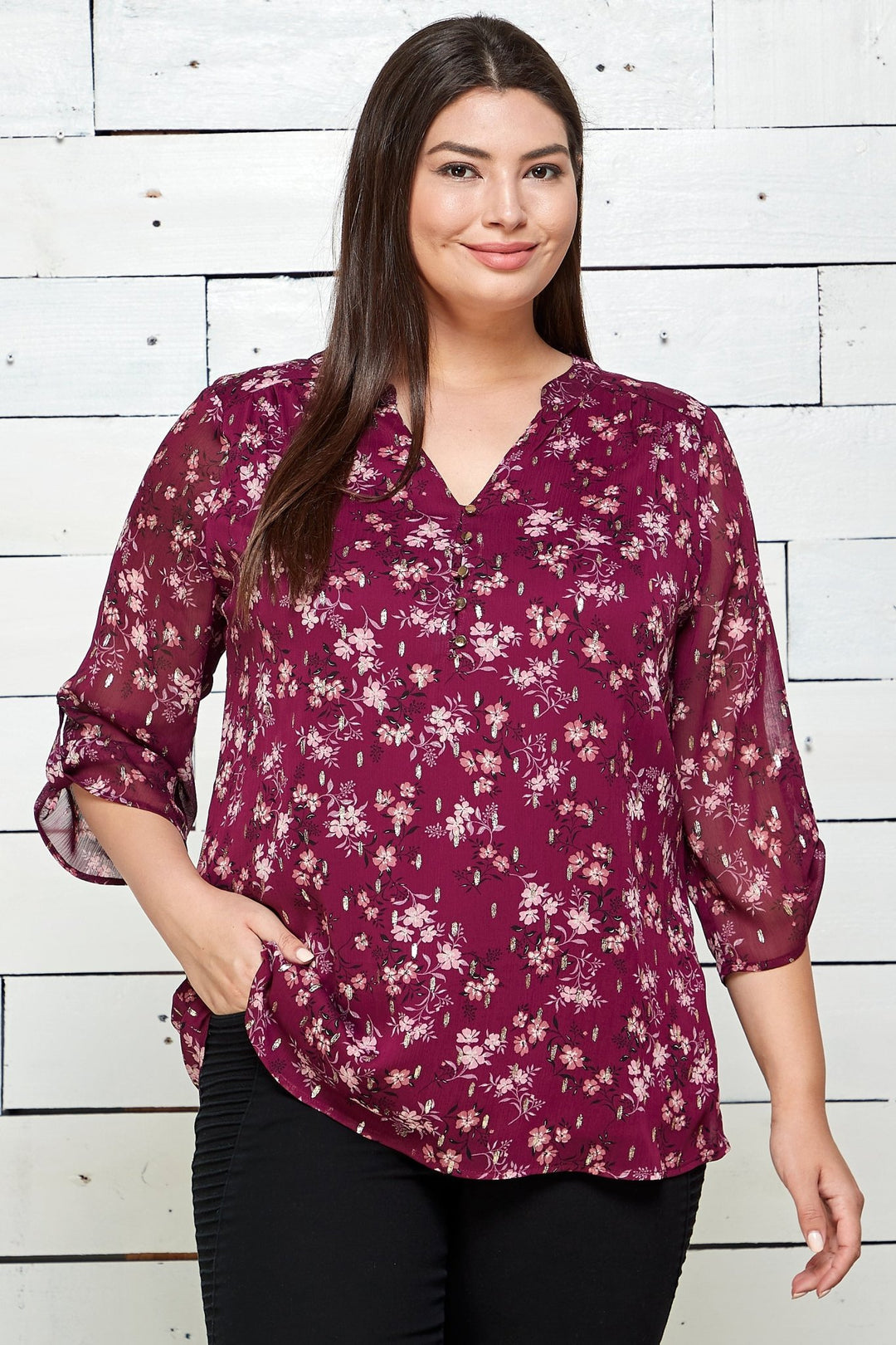 3/4 Button Tab Sleeve Mandarin Collar Popover - Plus – Dressbarn