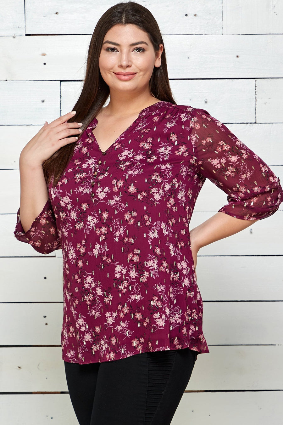 3/4 Button Tab Sleeve Mandarin Collar Popover - Plus – Dressbarn