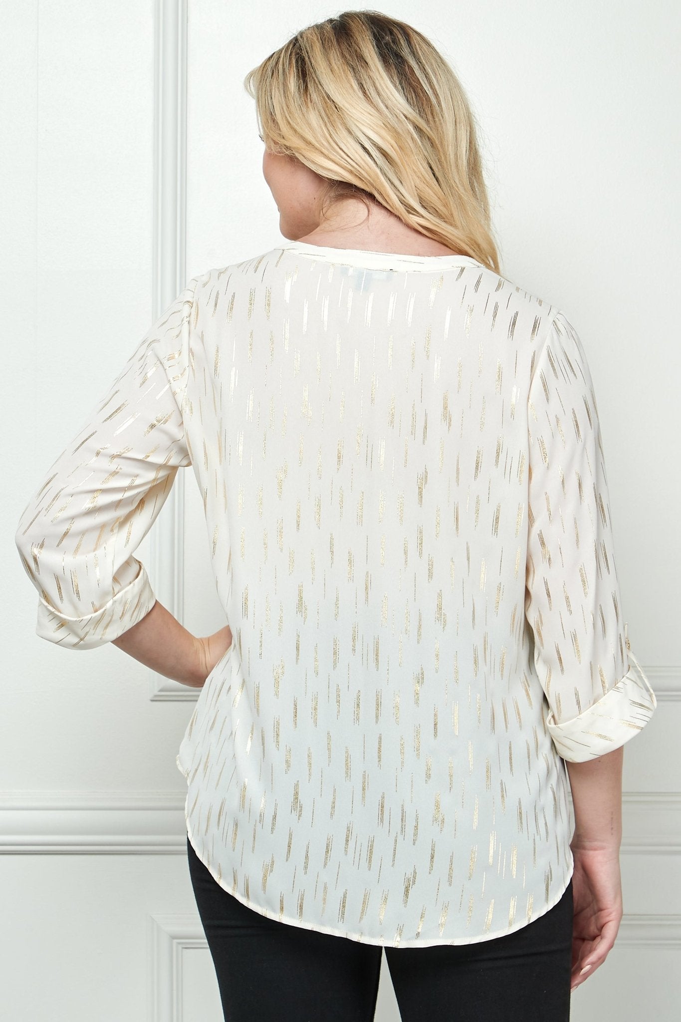 3/4 Length Button Tab Sleeve Mandarin Collar Button Front Top - Plus ...