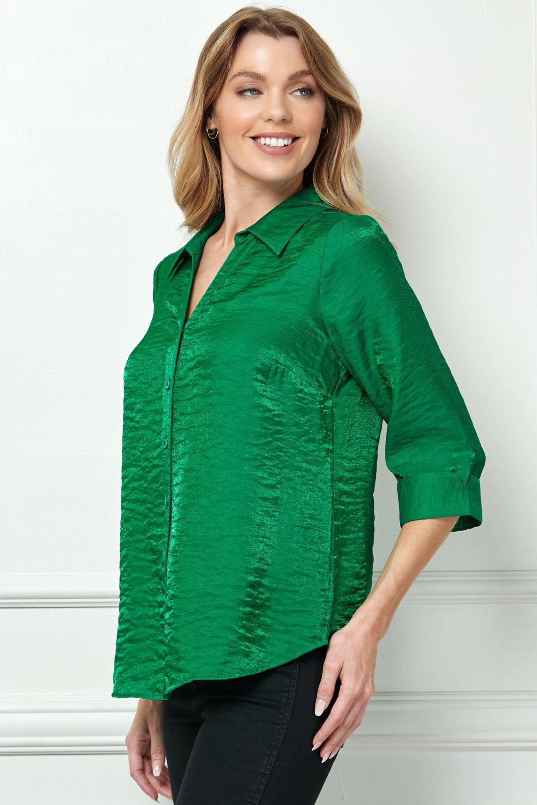 3/4 Sleeve Notch Button-Front Shirt, Green – Dressbarn