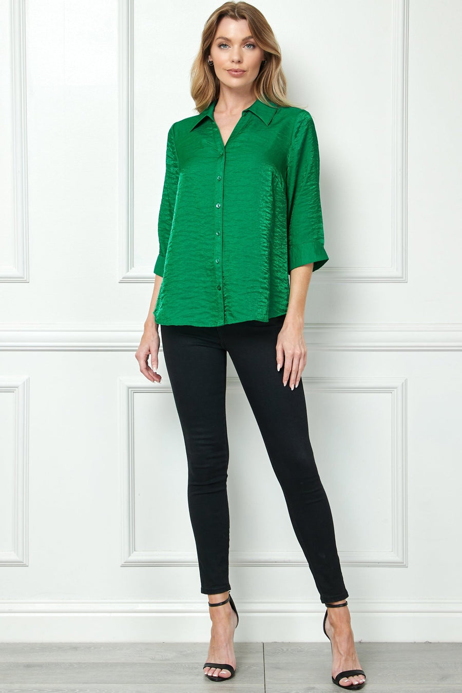 3/4 Sleeve Notch Button-Front Shirt, Green – Dressbarn