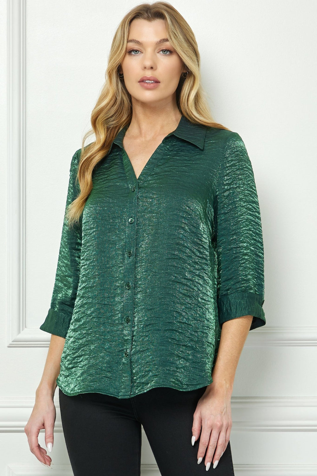 3/4 Sleeve Notch Button-Front Shirt, Hunter – Dressbarn