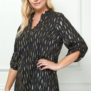 3/4 Tab Sleeve Ruffle Blouse with Covered Buttons and Neck Loops, Blac ...