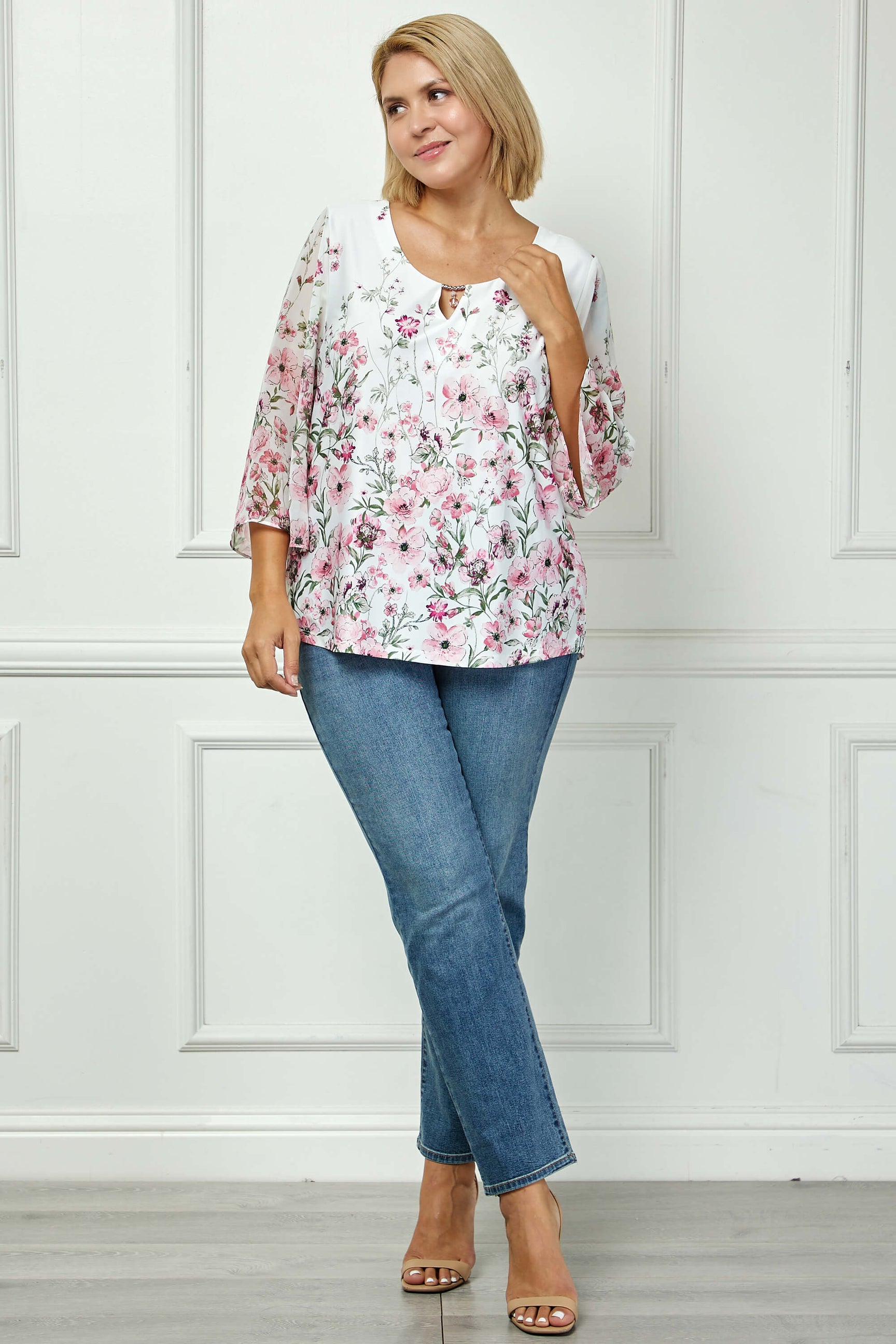 3/4 Flare Sleeve Cutout Neck Border Print Blouse - Ivory - Plus – Dressbarn