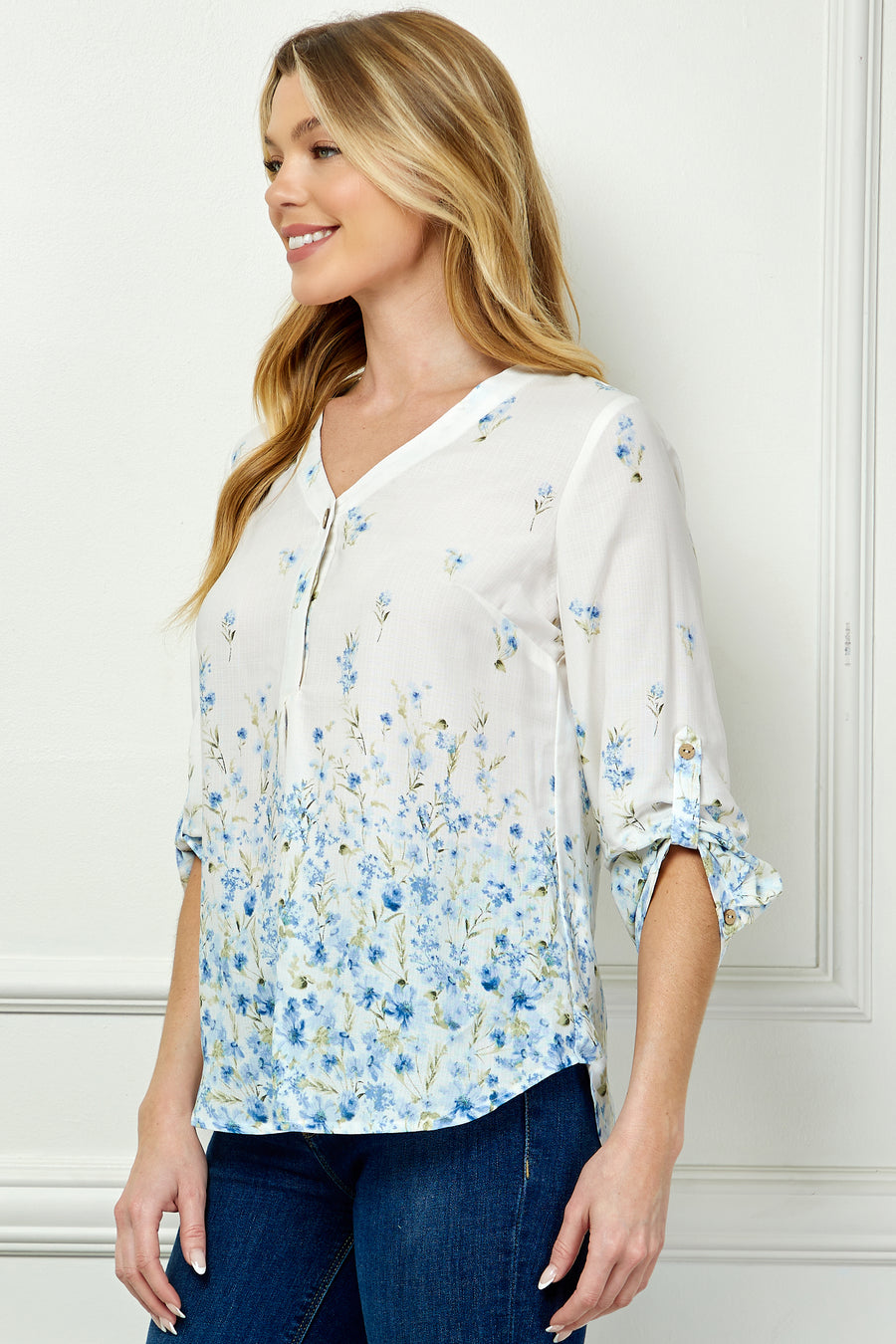 Blue Floral 3/4 Button Tab Sleeve Big Button V-Neck Border Print Blous ...