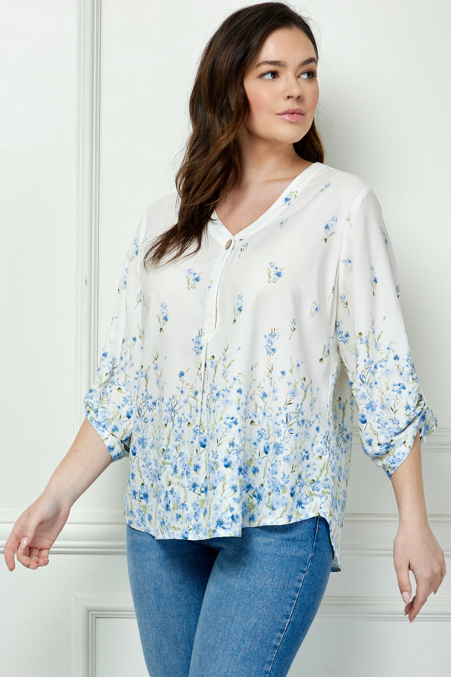 Blue Floral 3/4 Button Tab Sleeve Big Button V-Neck Border Print Blous ...