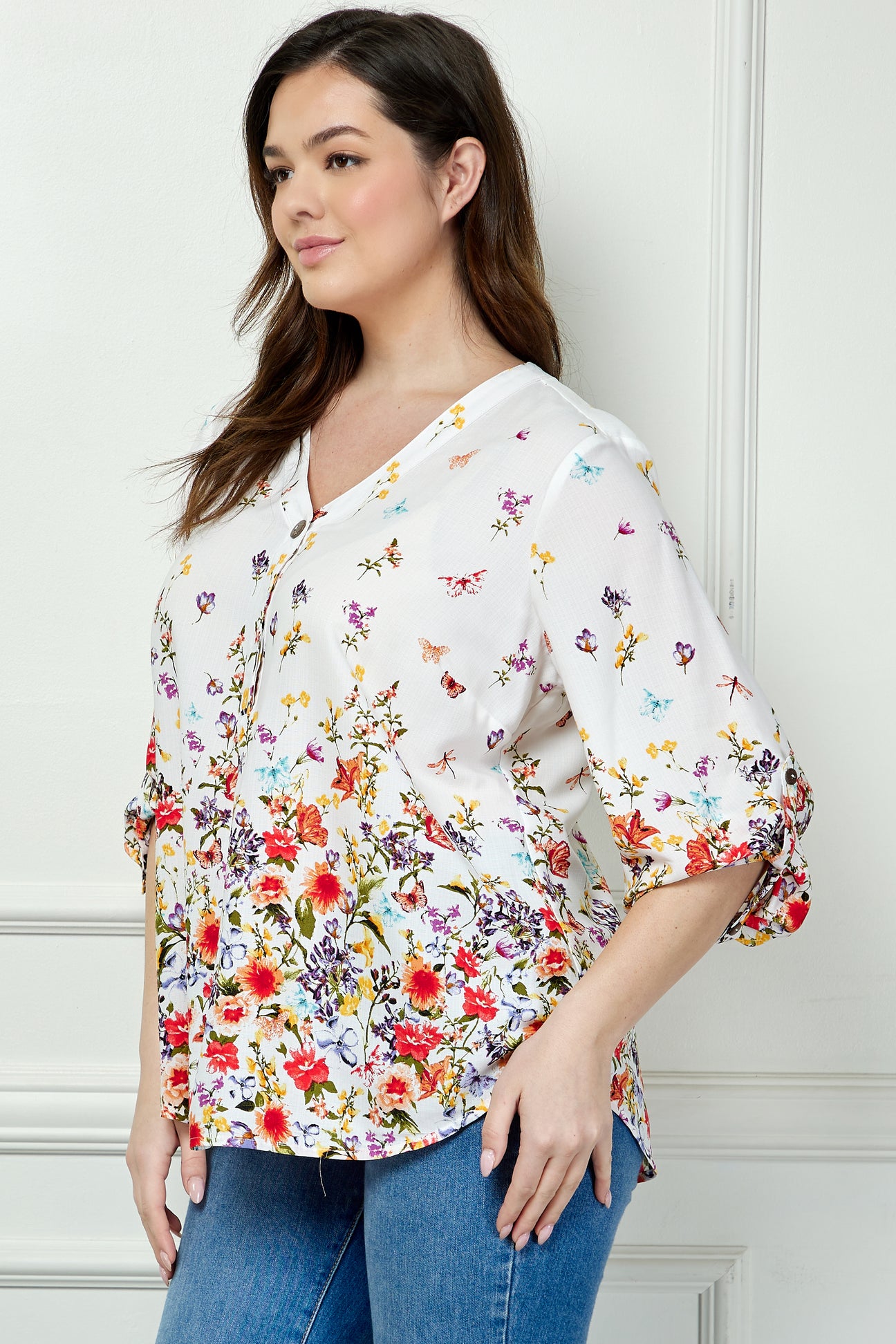 Wildflower 3/4 Button Tab Sleeve Big Button V-Neck Border Print Blouse ...