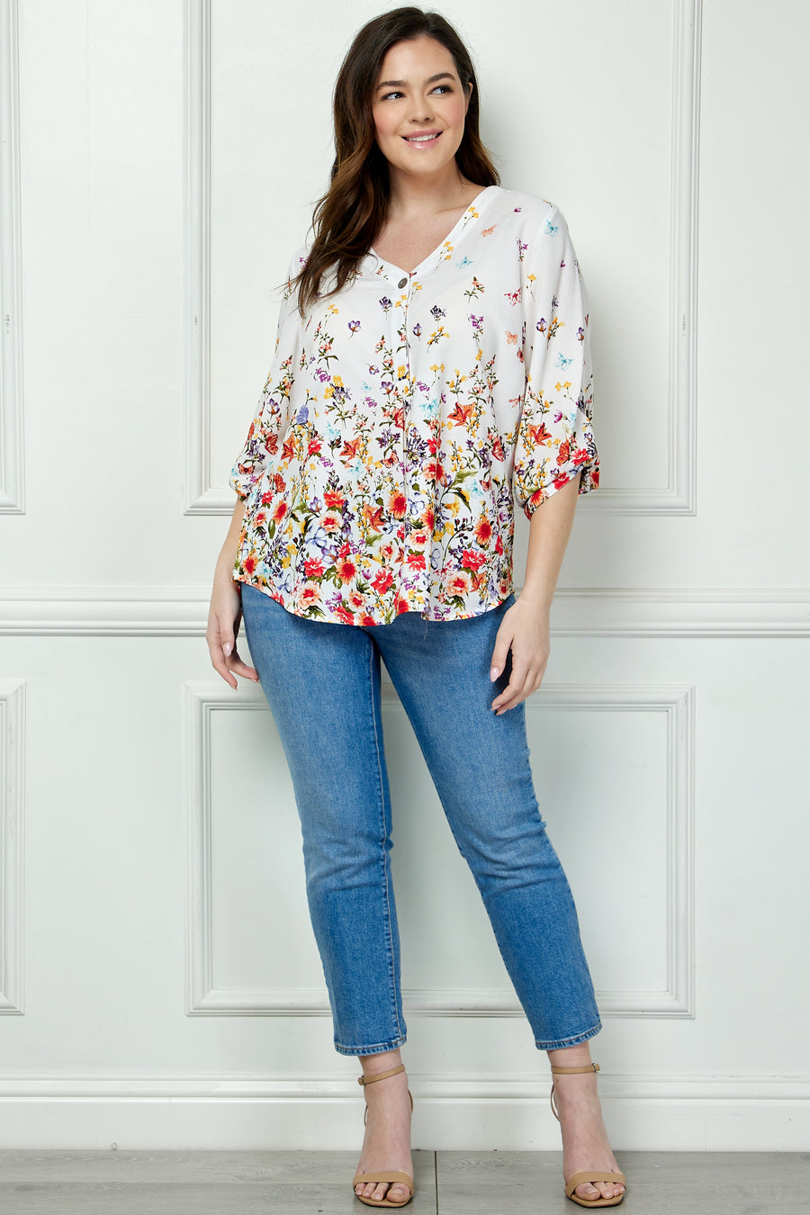 Wildflower 3/4 Button Tab Sleeve Big Button V-Neck Border Print Blouse ...