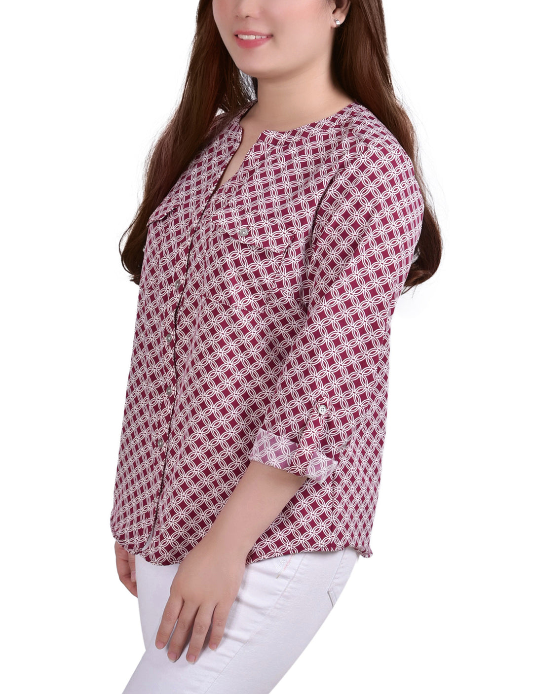 Rodedendrum White New Iconic 3/4 Roll Tab Sleeve Mandarin Collar Blous ...
