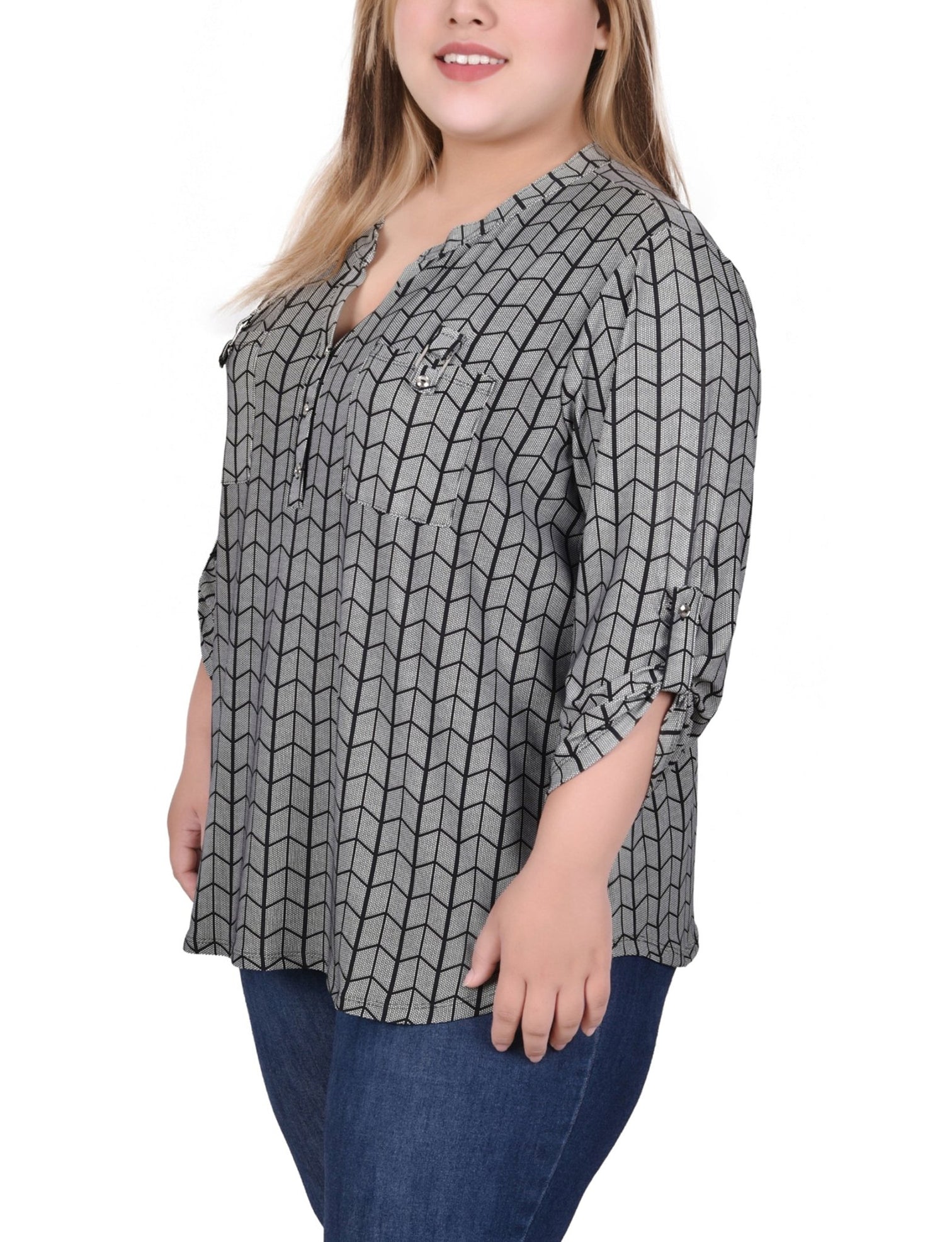 Blk Wht Diagonal Stripe Dot Long Tab-Sleeve Top With Pockets - Plus ...