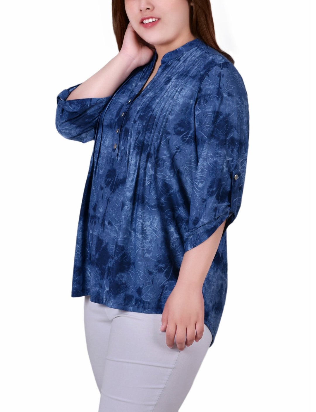 Denim Tie Dye 3/4 Sleeve Roll Tab Y Neck Top - Plus – Dressbarn