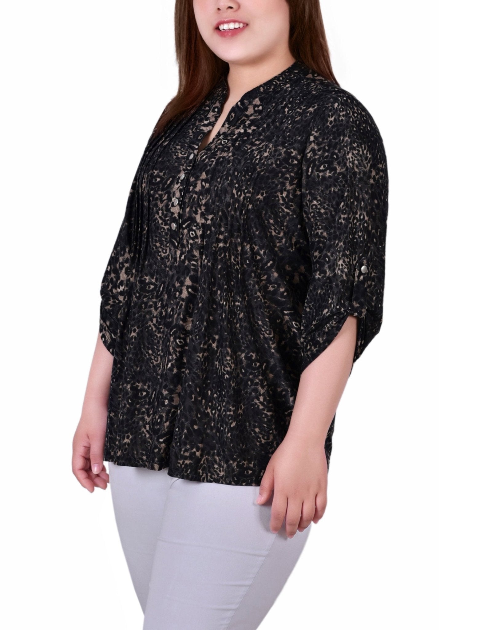 Khaki Animal 3/4 Sleeve Roll Tab Y Neck Top - Plus – Dressbarn