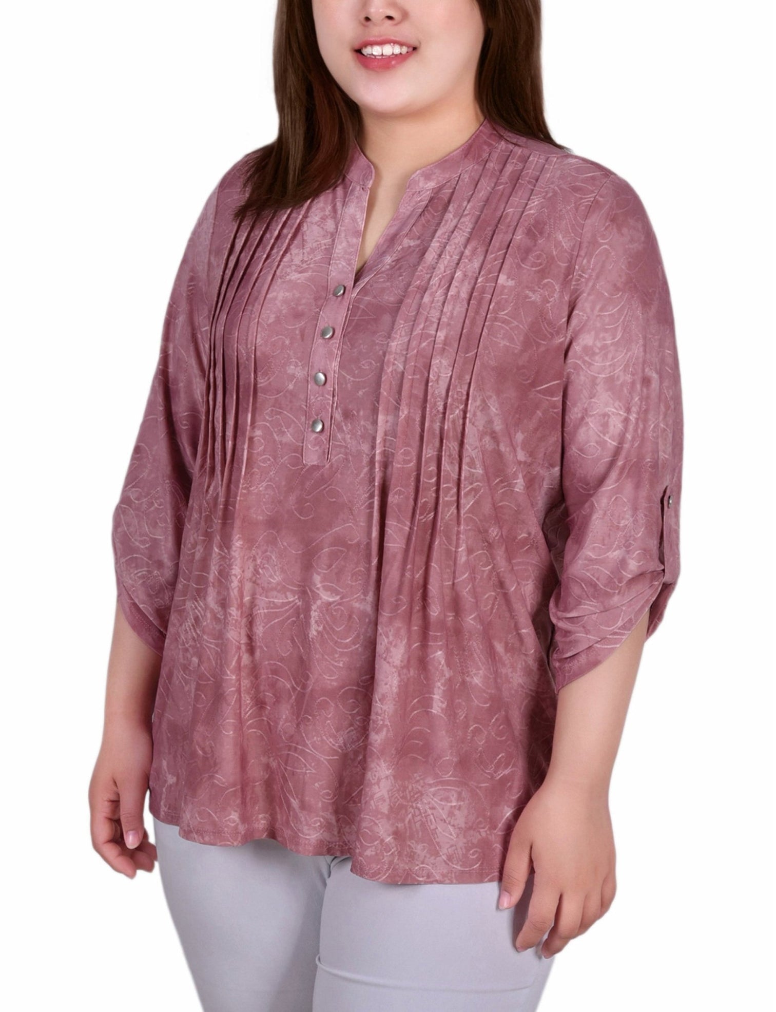 Mauve Tie Dye 3/4 Sleeve Roll Tab Y Neck Top - Plus – Dressbarn