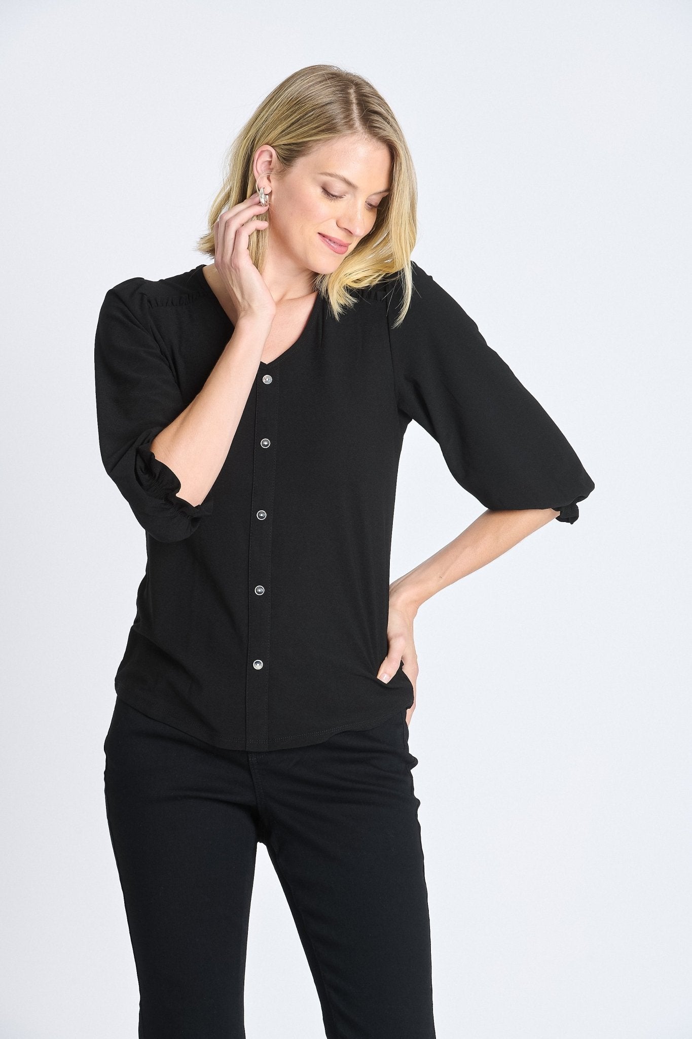 Ruffle 3/4 Sleeve Button Top, Black – Dressbarn