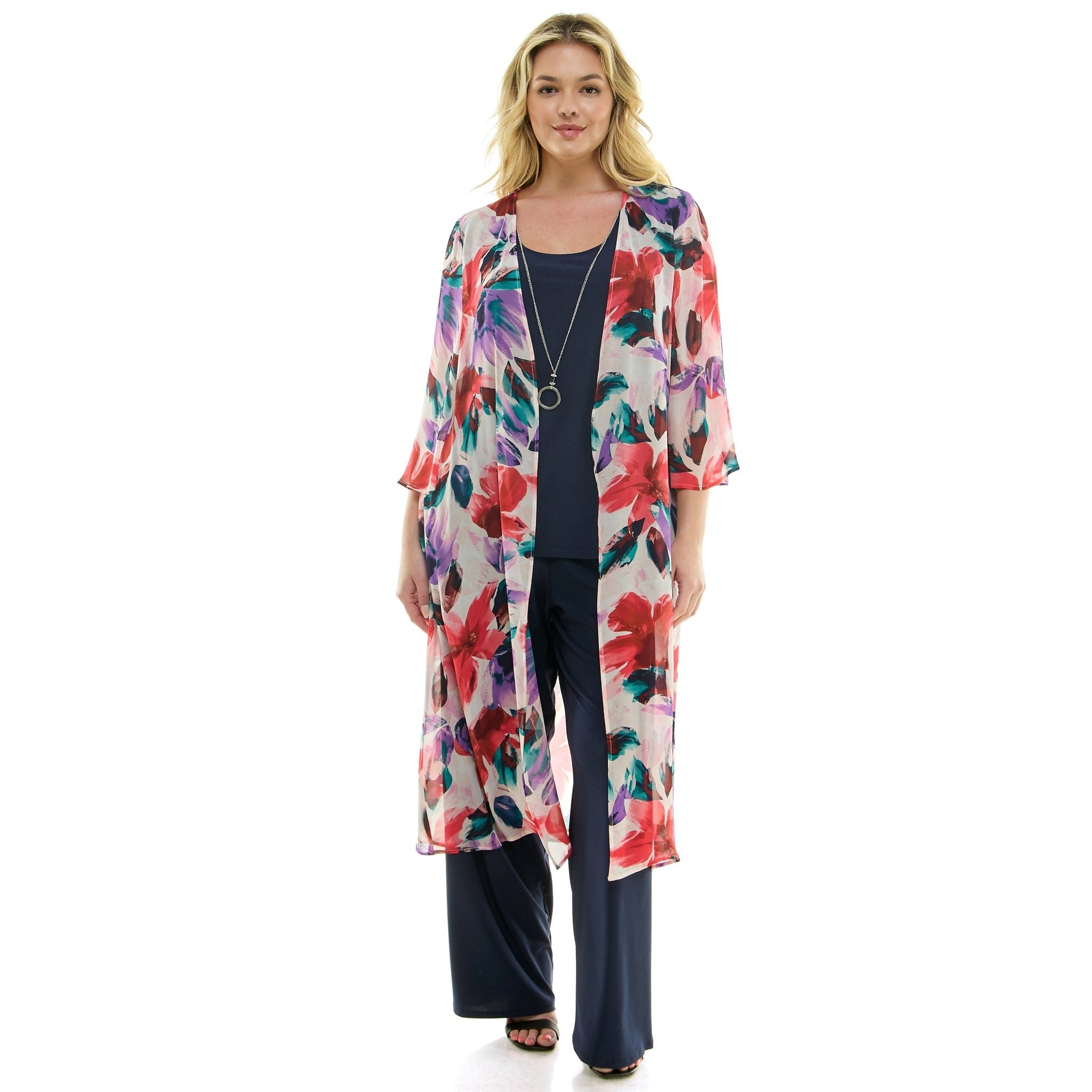 Sara Michelle Floral 3/4 2Fer Duster W/ Necklace And Elastic Pull On P ...