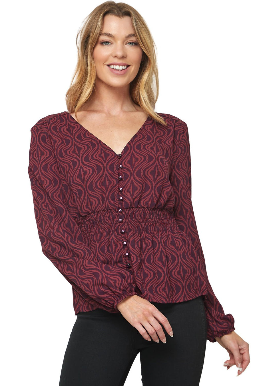 Burgundy Long Sleeve Smock Waist Blouse – Dressbarn